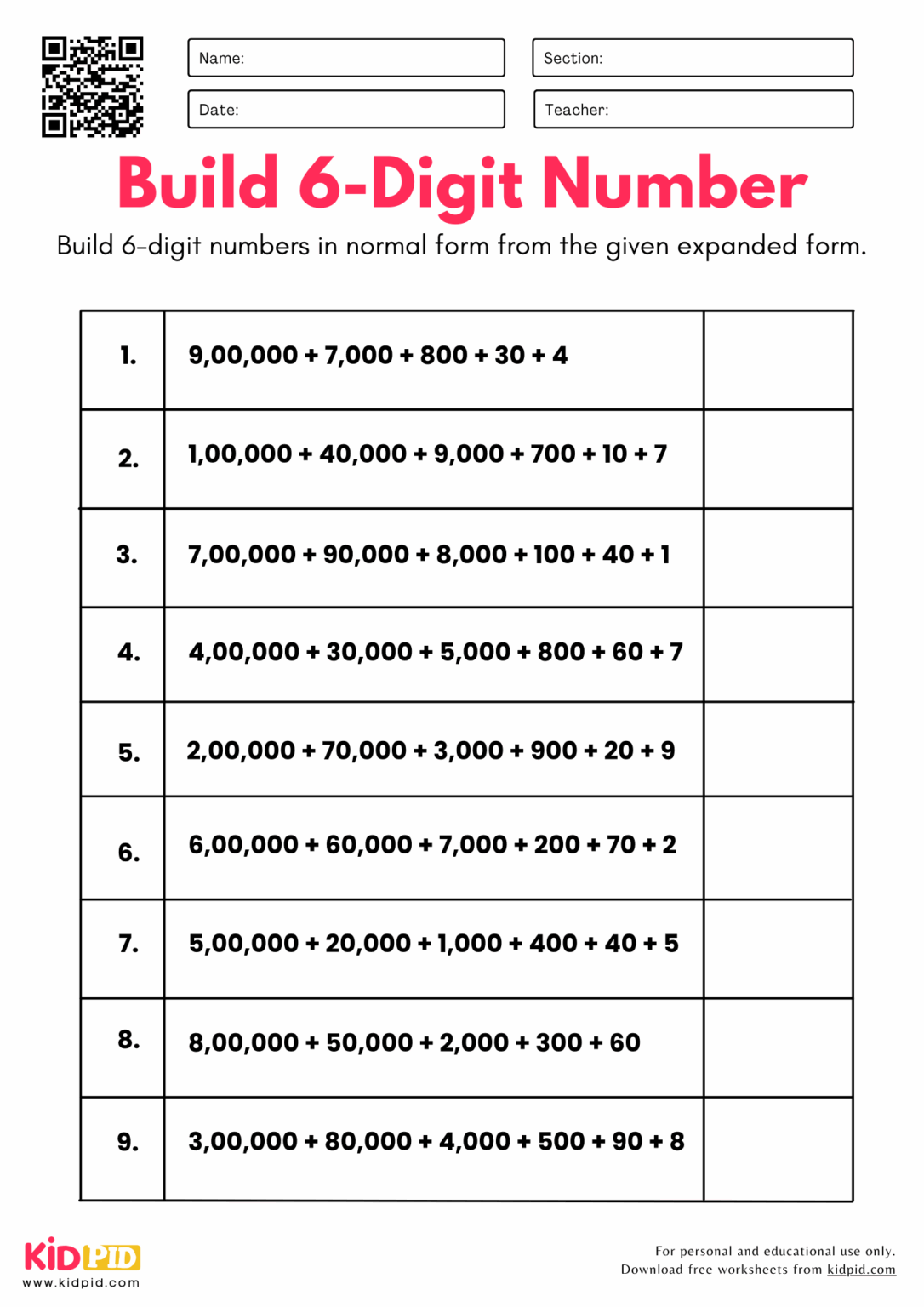6 Digit Place Value Worksheets - PlaceValueWorksheet.com